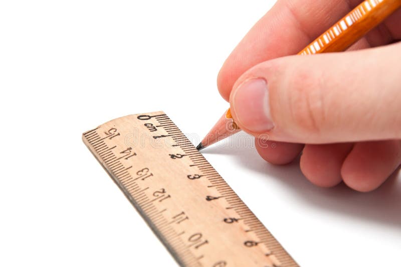 Hand Draws a Line with a Pencil and Ruler Stock Photo - Image of ...