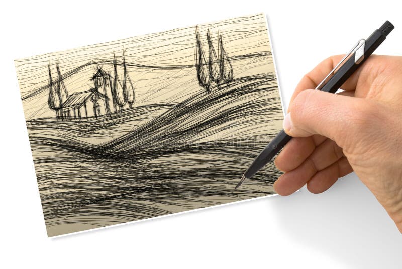 Hand Draws Tuscany Landscape with a Pencil on a Sheet Stock Photo ...