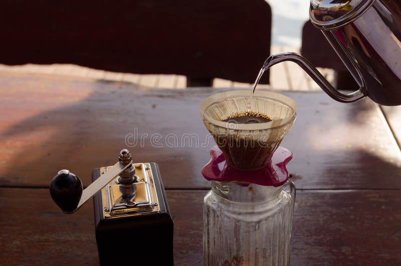 Hand Drip Coffee Set, Metal Drip Glass Pitcher in Vintage Tone Stock ...