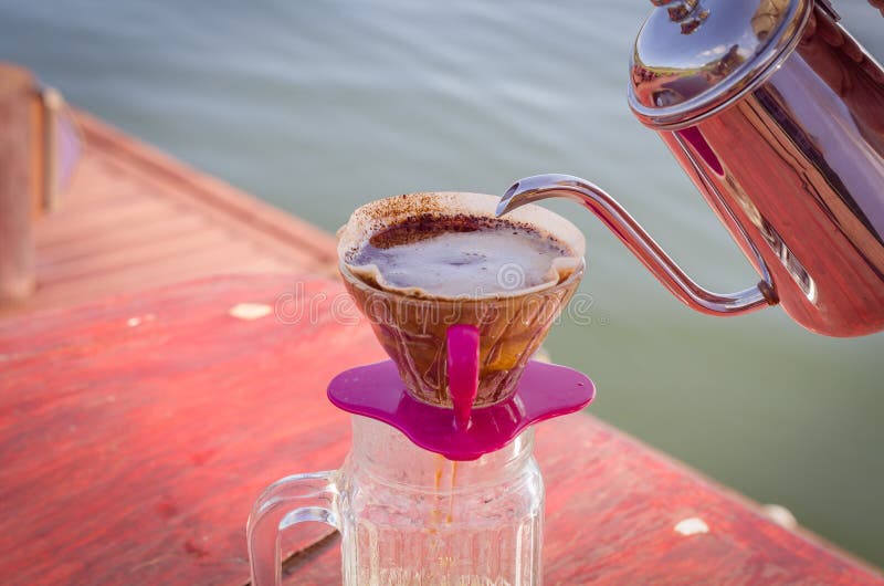 Hand Drip Coffee Set, Metal Drip Glass Pitcher in Vintage Tone Stock ...