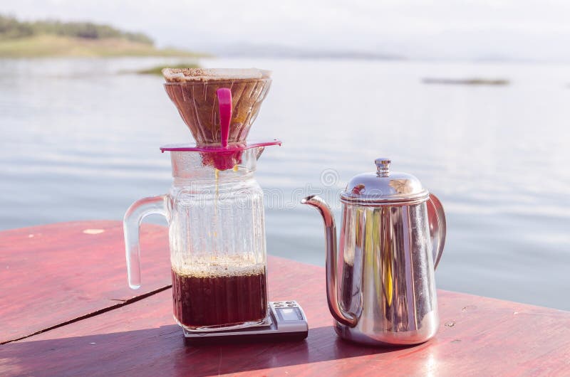 Hand Drip Coffee Set, Metal Drip Glass Pitcher in Vintage Tone Stock ...
