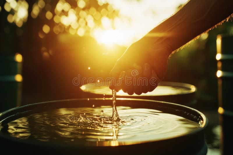 Hand Dripping Water into a Barrel at Sunset. Stock Photo - Image of ...