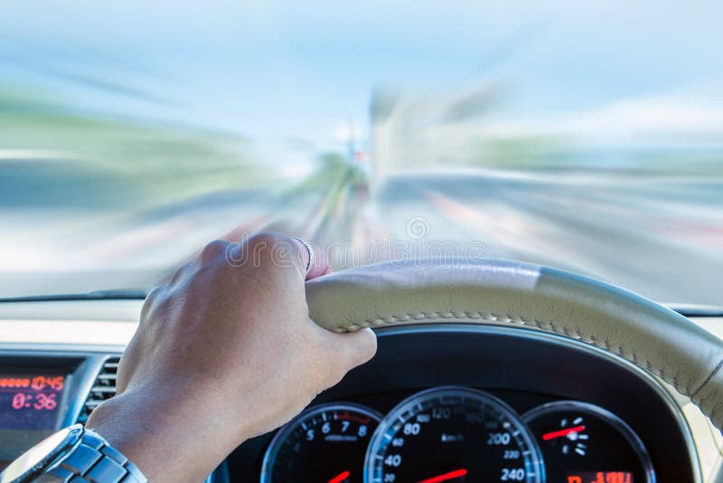 Hand of Driver Holding Steering Wheel, Driving Fast Speed Motion Stock ...