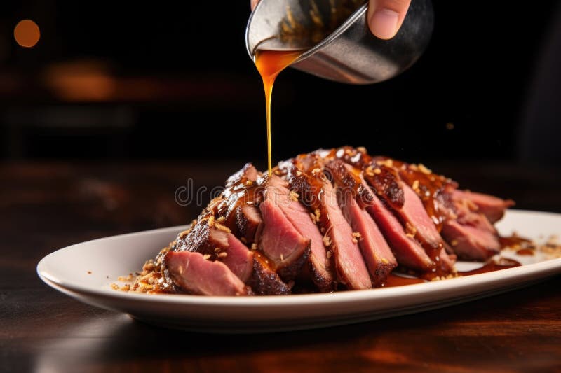 Hand Drizzling Sauce Onto a Smoked Duck Dish Stock Illustration ...