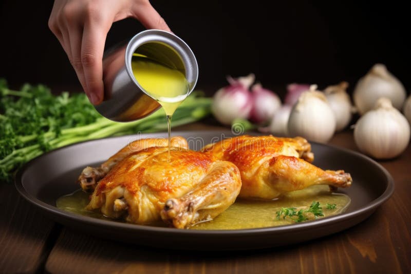Hand Drizzling a Spoonful of Butter Over Cooked Chicken Stock Image ...