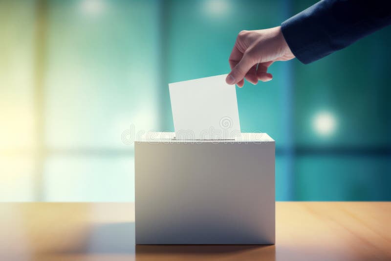 A Hand Dropping a Ballot into a Box on a Table Against a Calming Teal ...