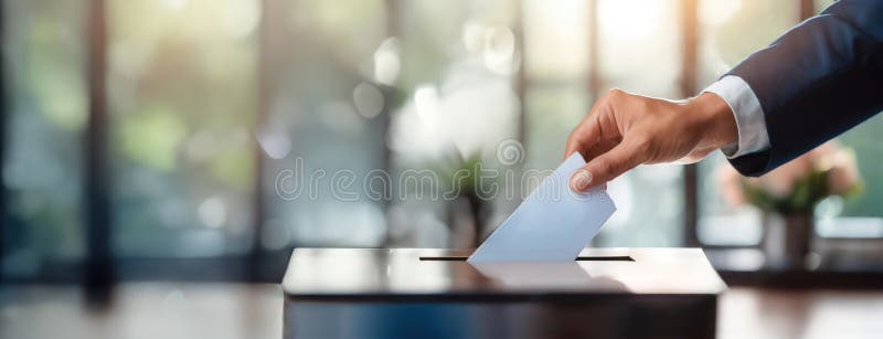 A Hand Dropping a Ballot into a Voting Box, Set Against a Blurred ...