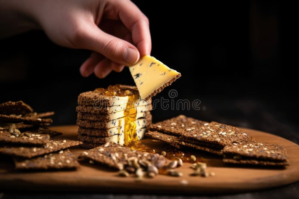 Hand Dropping Bits of Cheese on a Pile of Rye Crackers Stock Photo ...