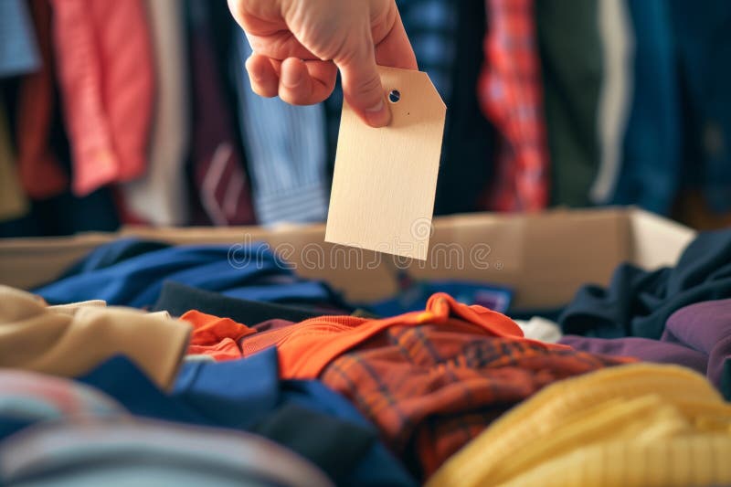 Hand Dropping a Blank Wooden Tag into a Donation Box of Clothes Stock ...