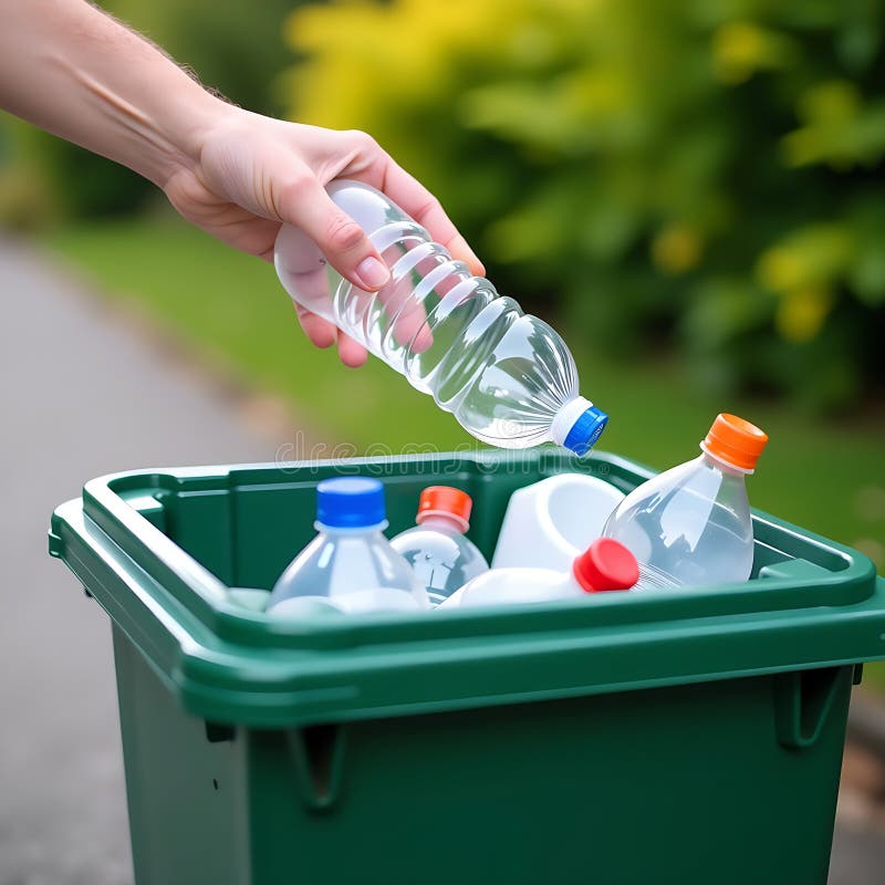 Hand Dropping an Empty Plastic Bottle in a Green Plastic Garbage Bin at ...