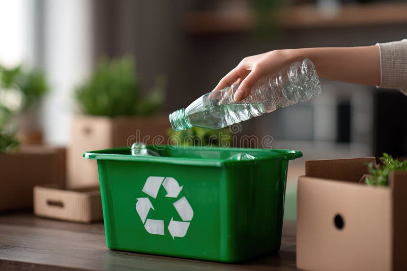 A Hand is Dropping an Empty Plastic Bottle into a Green Recycling Bin ...