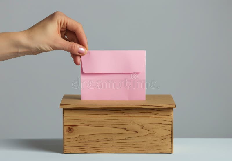 Hand Dropping Pink Envelope into Wooden Box Stock Photo - Image of ...
