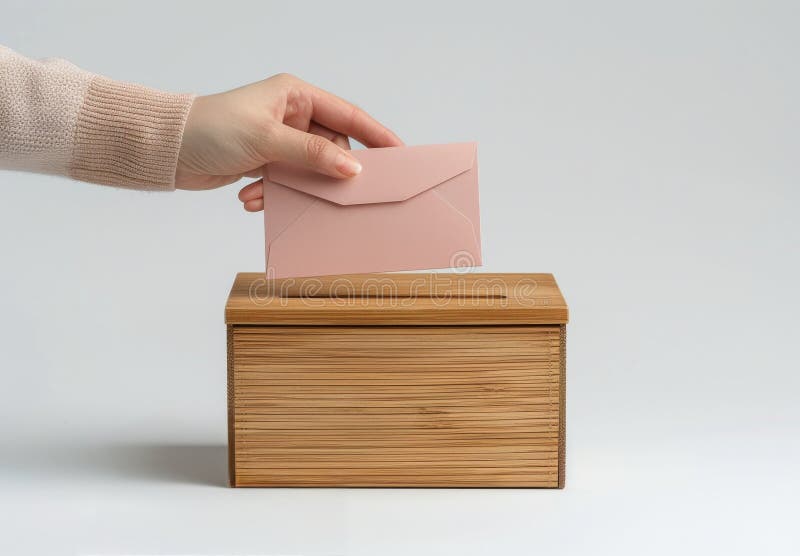 Hand Dropping Pink Envelope into Wooden Box Stock Photo - Image of ...