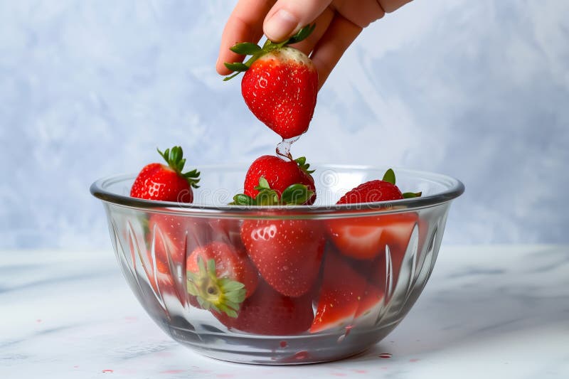 Hand Dropping Strawberries into a Glass Bowl Stock Image - Image of ...