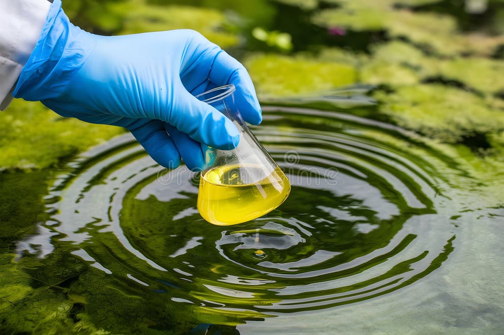 A Hand Drops Flask of Yellow Liquid into Algae Infested Water, Creating ...
