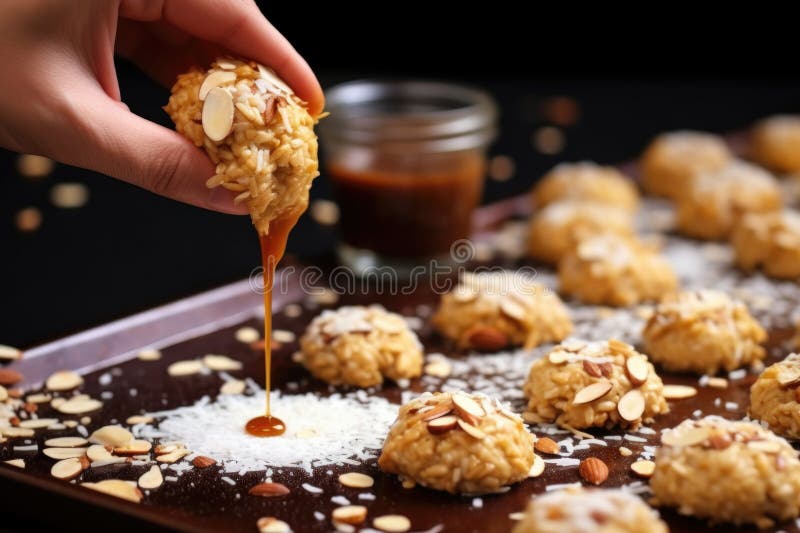 Hand Dusting Crushed Nuts Over Caramel-drizzled Cookies Stock Photo ...