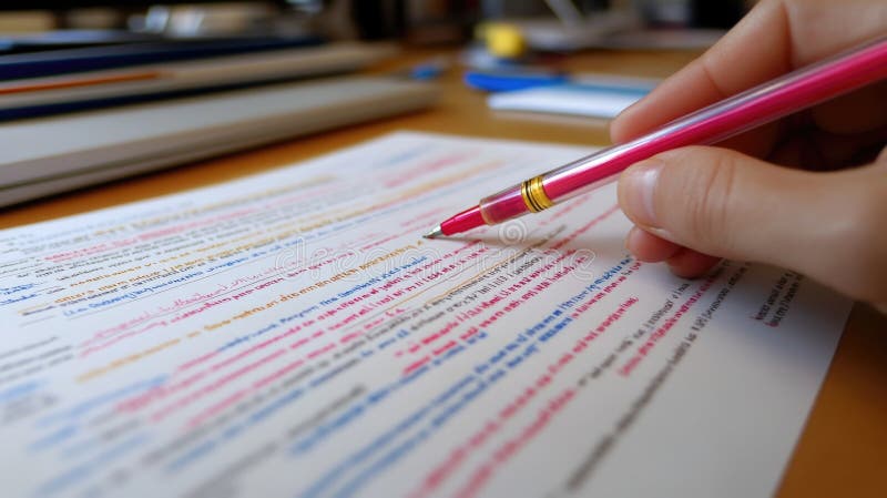 Hand Editing Document with Pen on Colorful Notes Stock Image - Image of ...