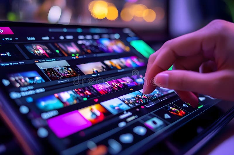 Hand Editing a Video on a Touchscreen Tablet with a Colorful and ...