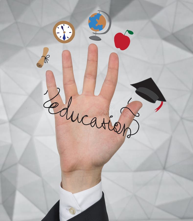 Hand with education icons stock illustration. Illustration of apple ...