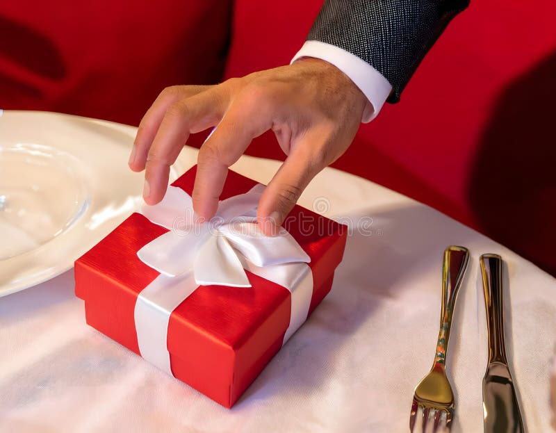 Hand of Elegant Man Pushing with Fingers a Red Gift Box with White Bow ...