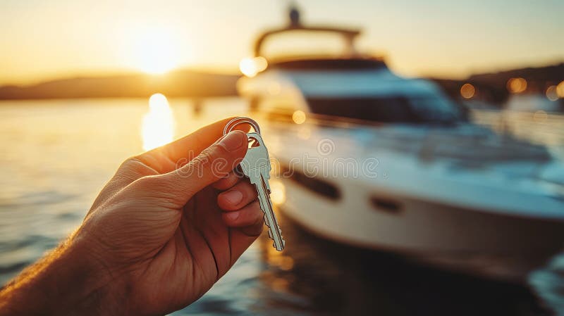 A Hand Elegantly Holds Keys, with a Blurred White Yacht and Sun Flares ...