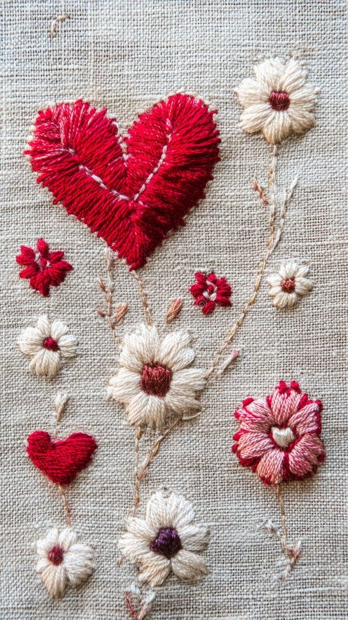 Hand-Embroidered Heart and Flowers on Linen Fabric. Romantic, Delicate ...