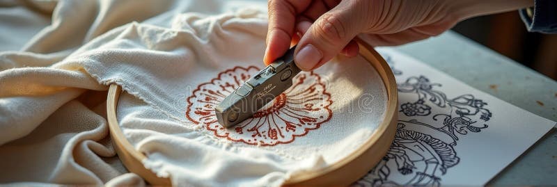 Hand Embroidering Fabric with Artisanal Pattern and Precision Tool ...