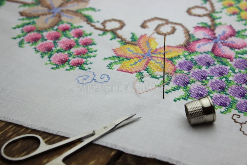Hand Embroidery with Needle and Scissors Stock Image - Image of drawn ...