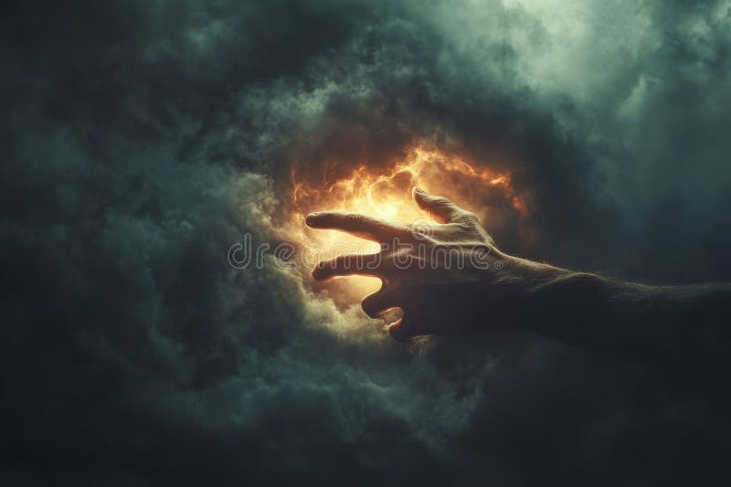 Hand Emerges from Dark Clouds, Touching a Glowing, Fiery Light Stock ...