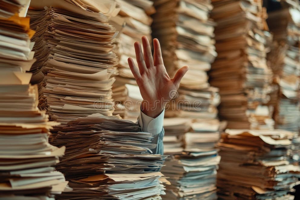 Overwhelmed Worker Amidst Stacks of Paperwork in Office Document Chaos ...