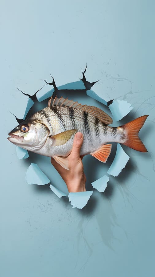 Hand Emerging from Blue Surface Holds Shimmering Fish, Blending Surreal ...