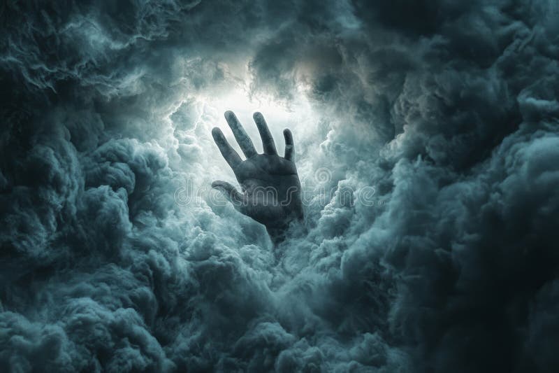 Hand Emerging from Dark Clouds Reaching for a Light, Symbolizing Hope ...