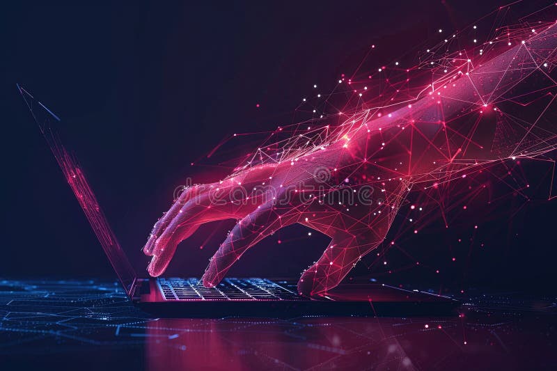 Hand Emerging from Laptop Screen in Wireframe Connection. Silent ...