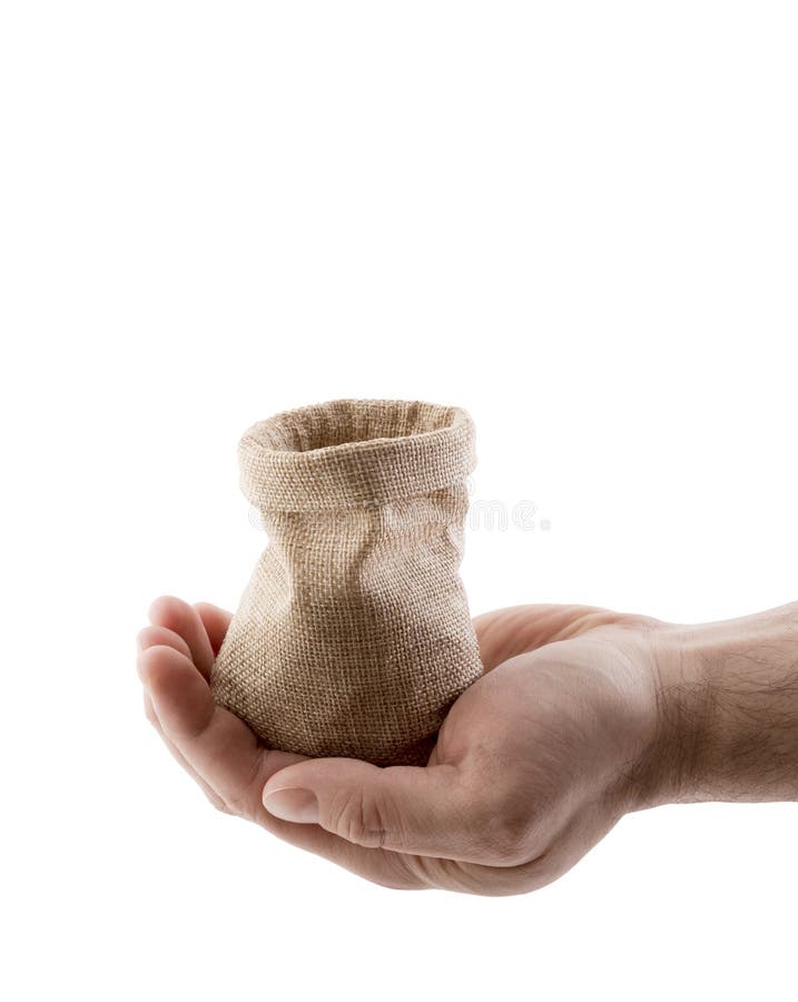 Hand with Empty Linen Sack Isolated on White Background Stock Image ...