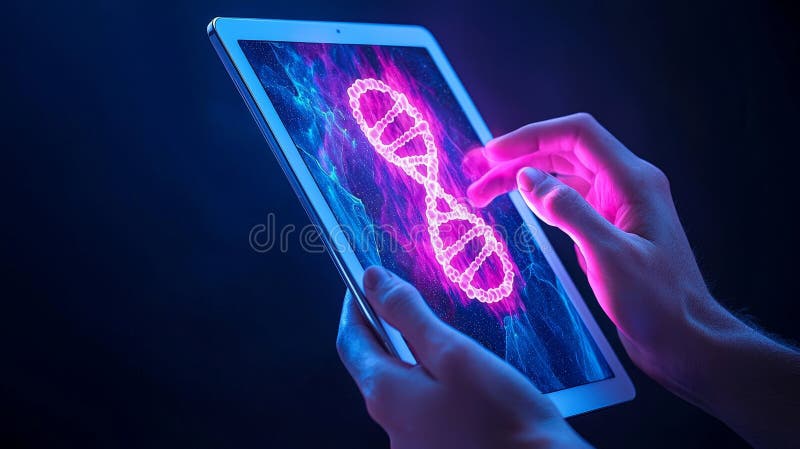 A Hand Engages with a Digital Tablet that Exhibits a Vivid DNA Model ...