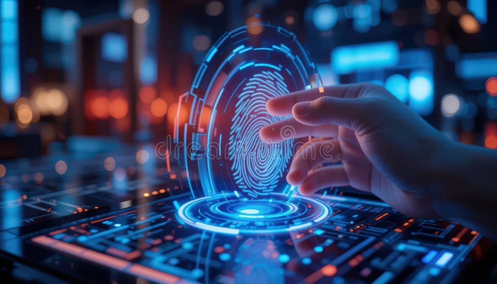 Digital Fingerprint Technology in Action with a Hand Interacting at a ...