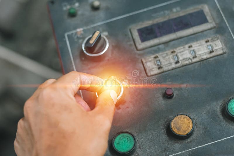 Hand of Engineer Turn Power Button Machine. Stock Photo - Image of ...