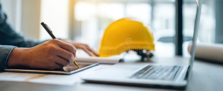 The Hand of an Engineer Writing on a Tablet beside a Laptop and ...