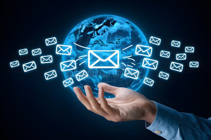 Hand with Envelope Icons and Glowing Globe, Representing Global ...