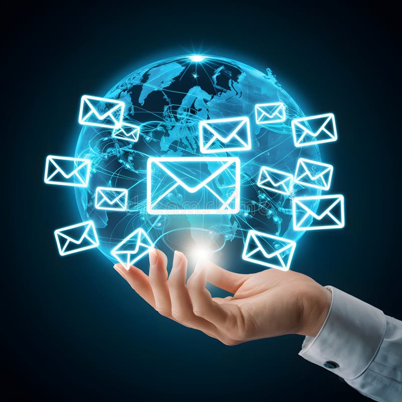 Hand with Envelope Icons and Glowing Globe, Representing Global ...
