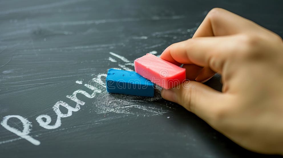 Hand Erasing Chalkboard with Red Eraser, Concept of Correcting ...