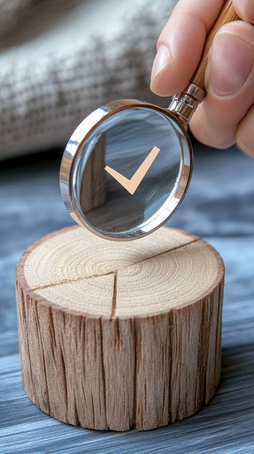A Hand Examines a Wooden Block with a Check Mark Using a Magnifying ...