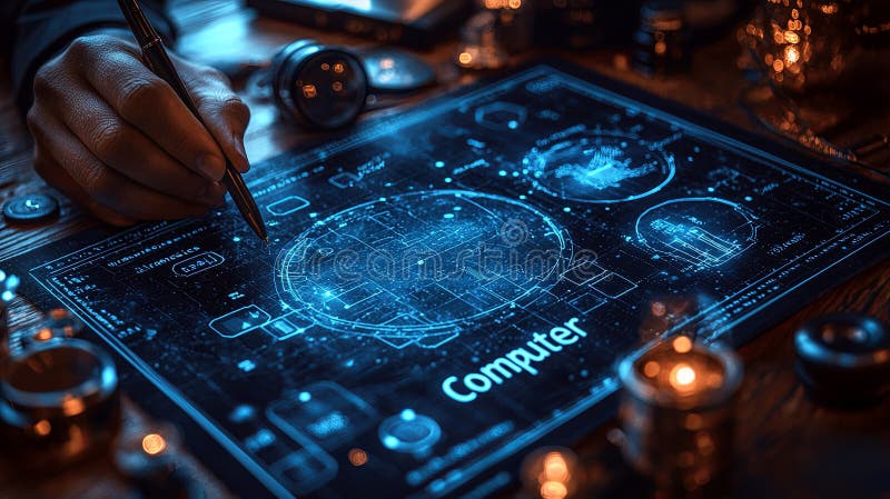 Hand Examining Digital Blueprint on Futuristic Computer Screen Stock ...