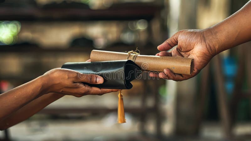 Hand Exchange of Rolled Document and Wallet in Natural Setting. World ...
