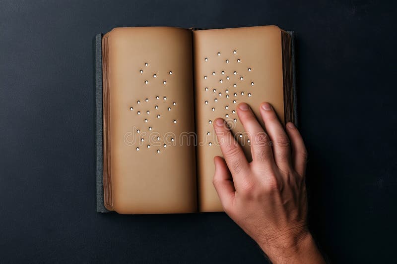 Hand Exploring a Braille Page in an Open Book on a Dark Surface Stock ...