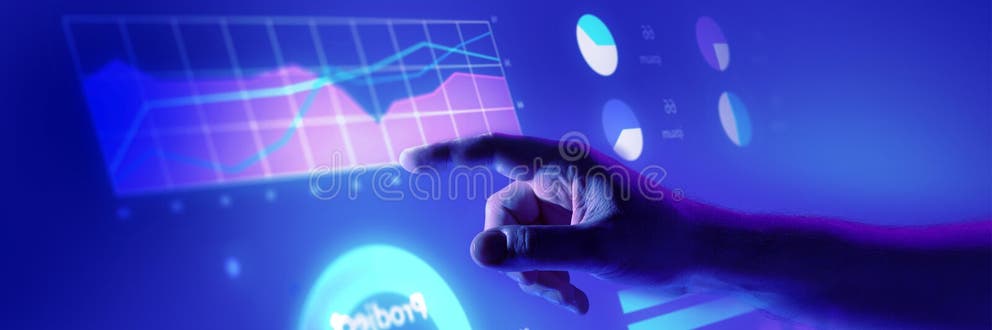Hand Exploring Vibrant Digital Graphs and Pie Charts in Futuristic Blue ...