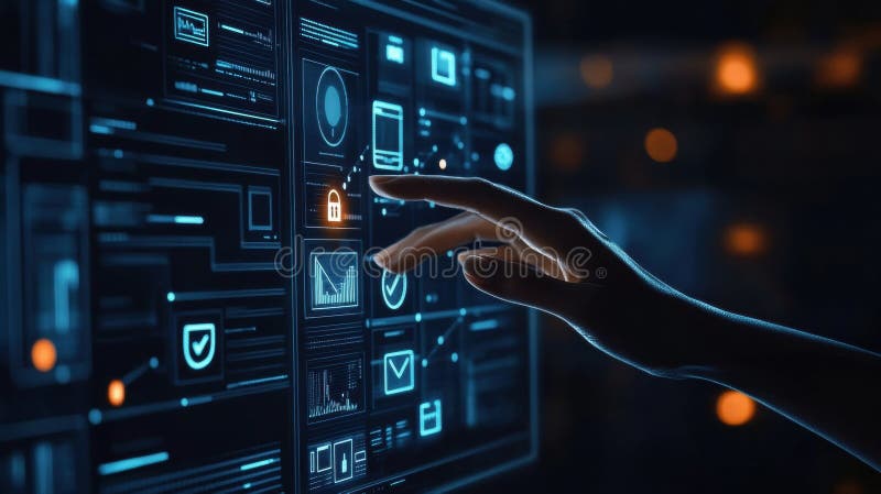 A Hand is Extending Toward a Computer Display Filled with Various ...