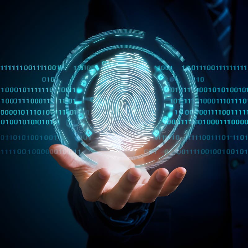 Hand Extends with Digital Holographic Fingerprint, Surrounded by Binary ...