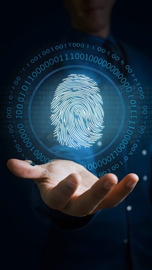 Hand Extends with Digital Holographic Fingerprint, Surrounded by Binary ...