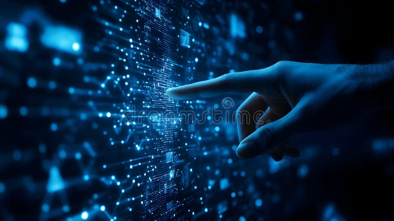 A Hand Extends a Finger Towards a Glowing Digital Screen with a Network ...